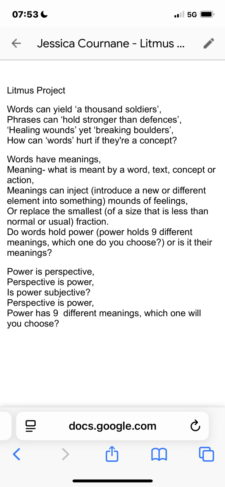 'The meaning of power' by Jessica Cournane, Year 9 - The Litmus